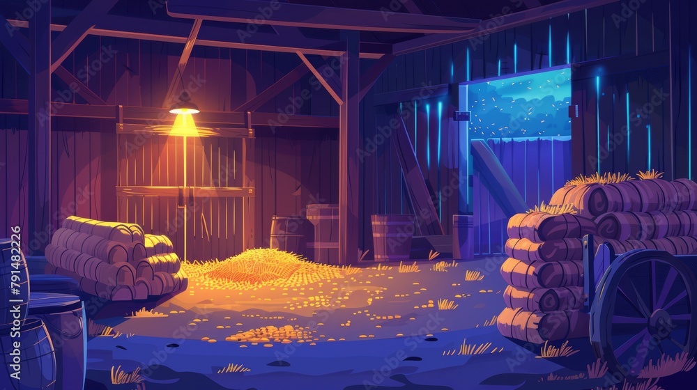 At night, a barn inside with wooden walls and a gate. Cartoon modern ...