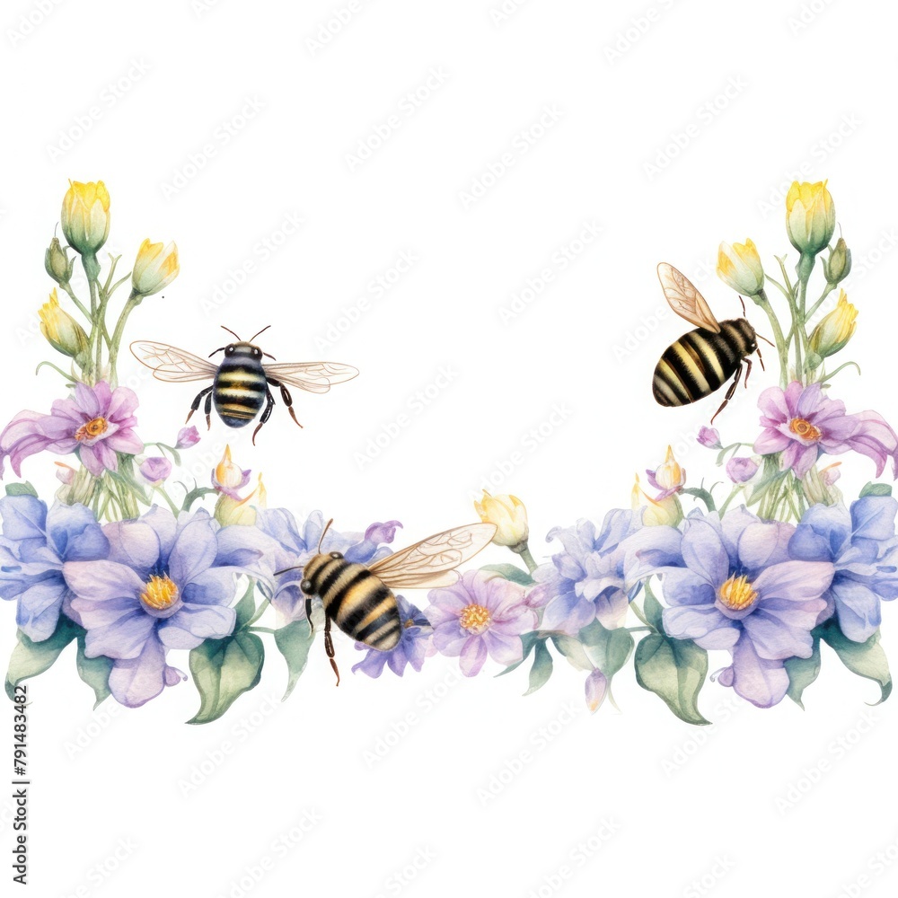watercolor illustration of a bee-themed border design with buzzing bees ...