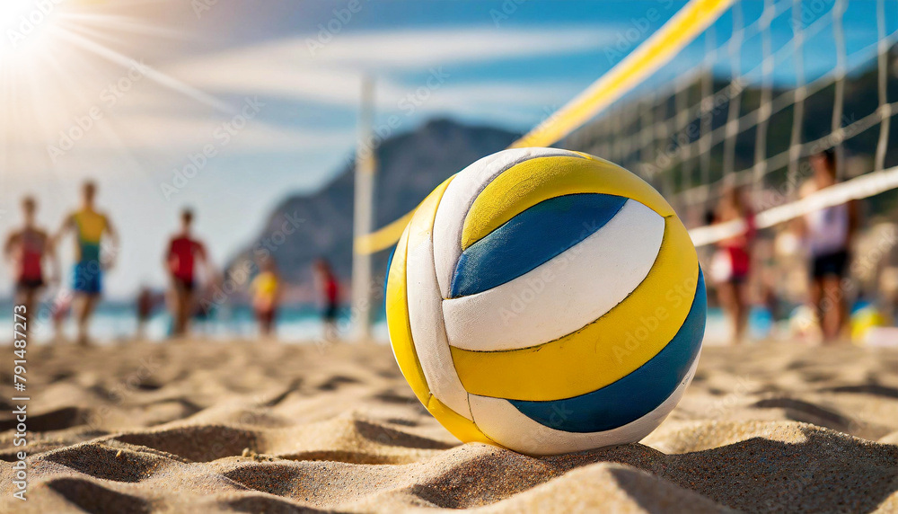 Extreme close-up and bottom view of a volleyball ball on sandy beach ...