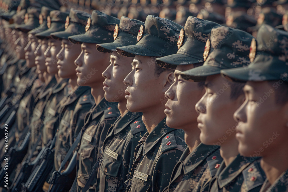 Profile view of chinese soldiers in uniform lined up in a military ...