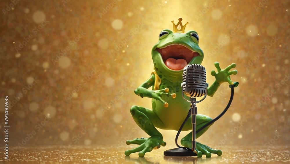 A joyful frog cartoon character singing into a vintage microphone with ...