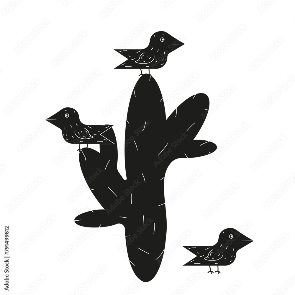 Mexican art with Woodcut birds family on the Cactus isolated white background. Simple black ...