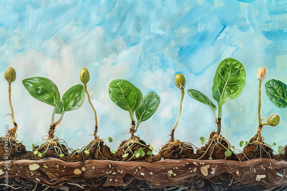 Illustrate a step-by-step guide to seed germination, showcasing seeds ...