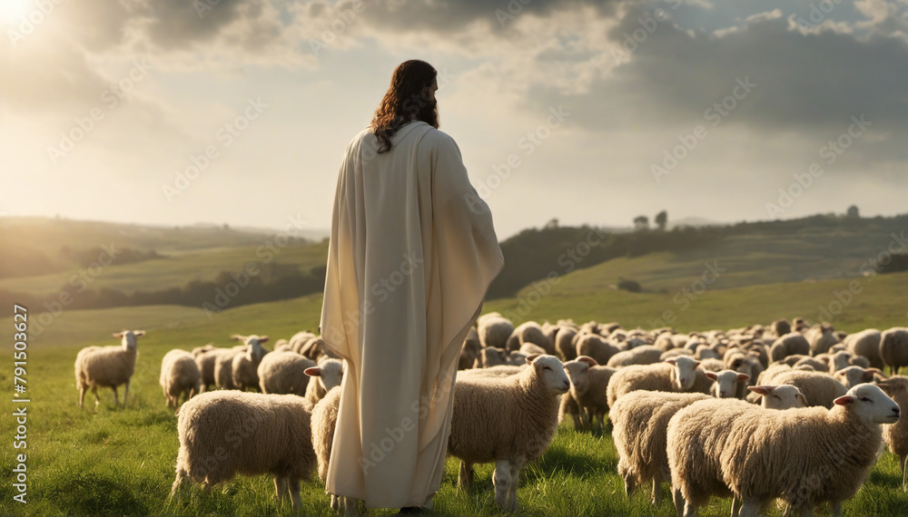 Shepherd Jesus Christ leading the sheep horde and guiding them ...
