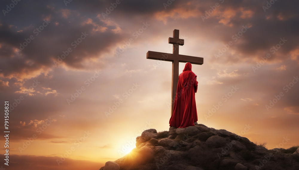 Hill of Golgotha Red sky and bright light. Praying to Jesus, praising ...
