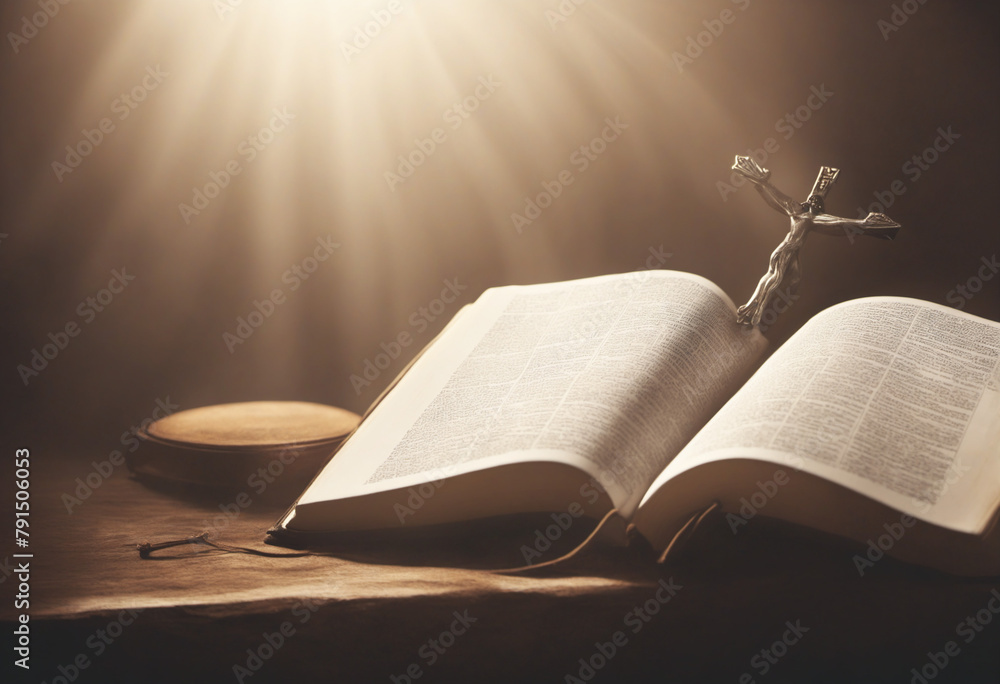 Church bright light background with holy bible and the cross of ...