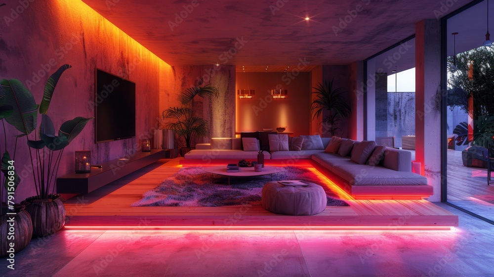 A chic basement lounge aglow with LED strips, providing a stylish and ...