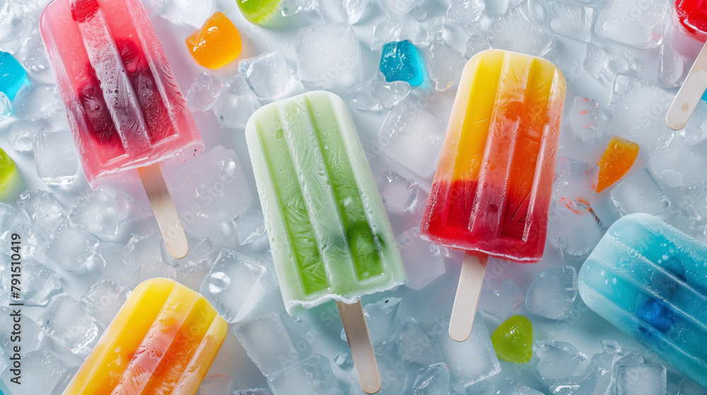 Colorful popsicles with ice cubes and melting water droplets on a light ...