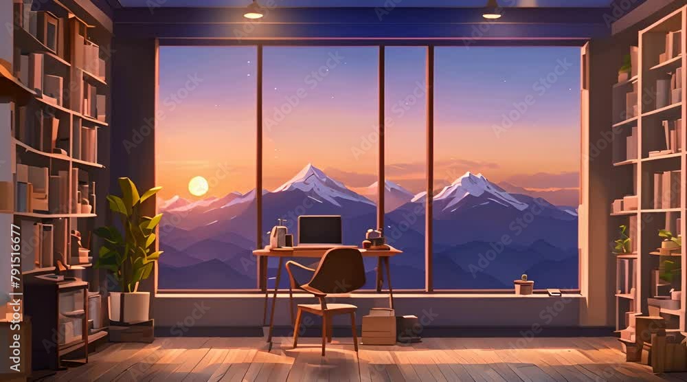 Vidéo Stock Study room with a window showcasing a panoramic view of ...