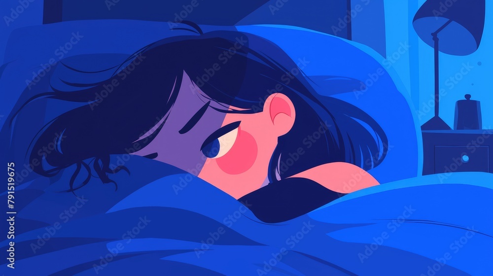 A restless young woman grapples with insomnia as she lies in bed her ...