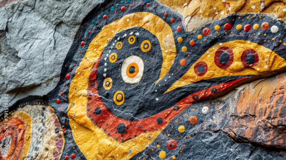 Closeup of a rock painting depicting a symbolic story of cooperation ...