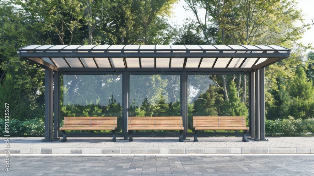 Blank mockup of a simple bus stop shelter with a flat metal roof and ...