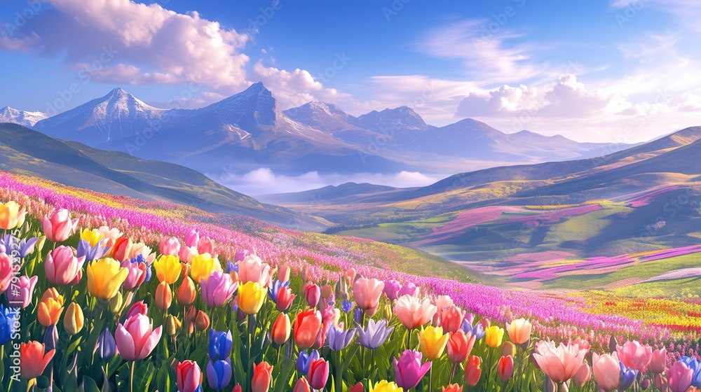 Fantastic field with tulips Ukrainian mountain farmer from the famous ...