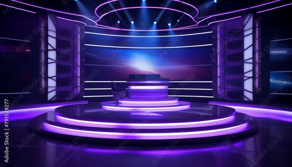 A financial news broadcast with a vibrant purple studio set, where ...