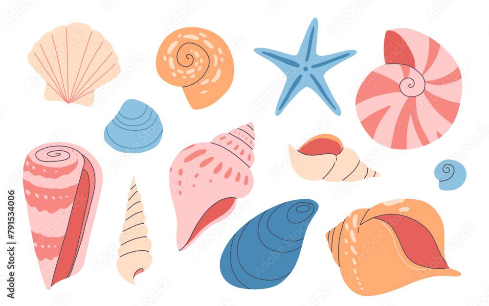 Sea shell cartoon set. Ocean exotic underwater seashell conch aquatic ...