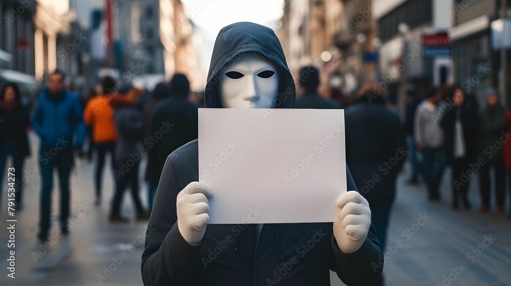 Portrait of a man in a black jacket wearing faceless mask, holding up a ...