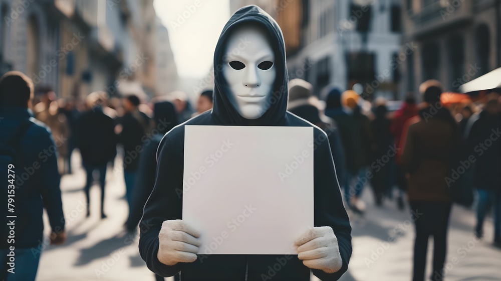 Portrait of a man in a black jacket wearing faceless mask, holding up a ...