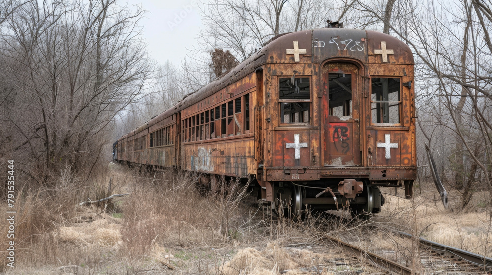 An old abandoned train car its windows boarded up with crosses and ...
