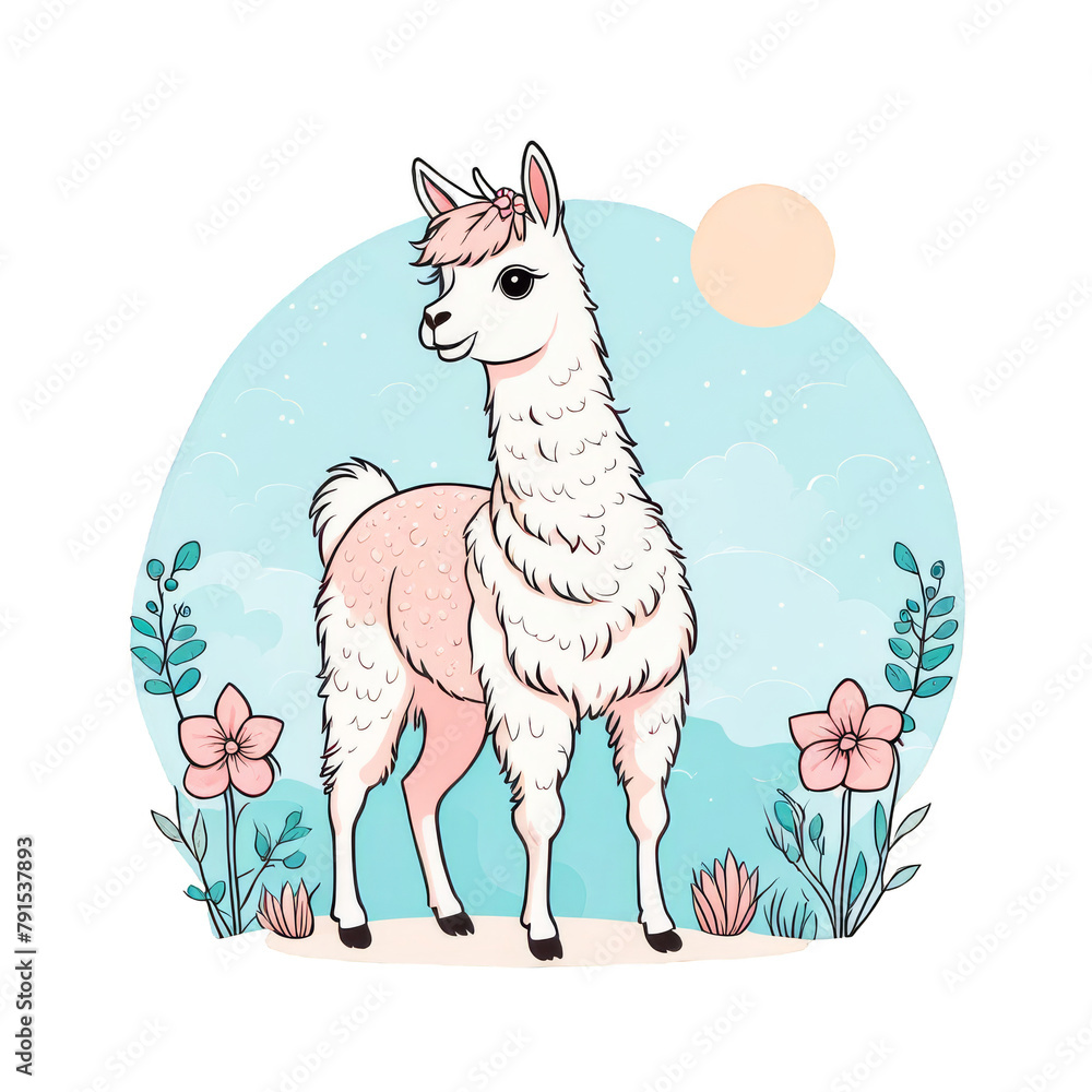 Llama in nature cute kawaii style illustration, isolated clipart ...