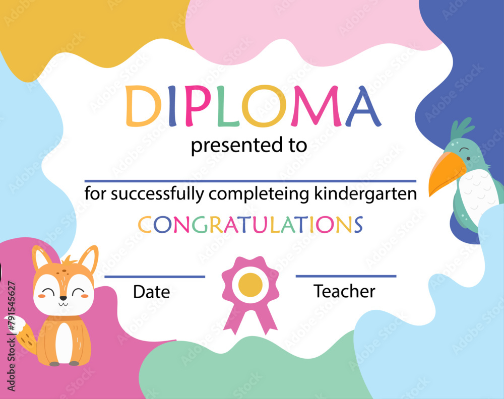 Kindergarten diploma with cute animals, vector. Preschool Elementary ...