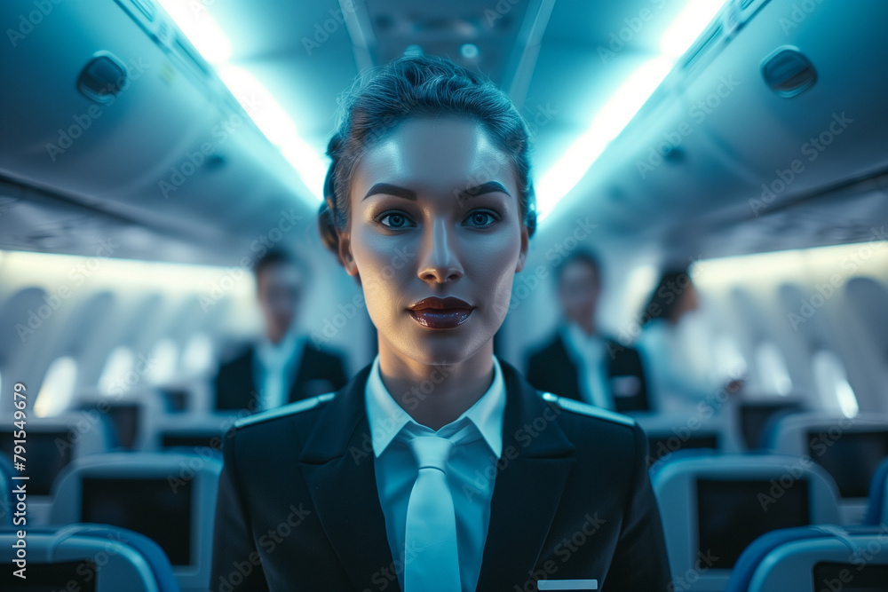 interior of an airplane with cabin crew members in the background ...