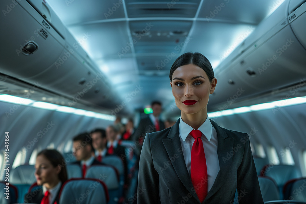 interior of an airplane with cabin crew members in the background ...