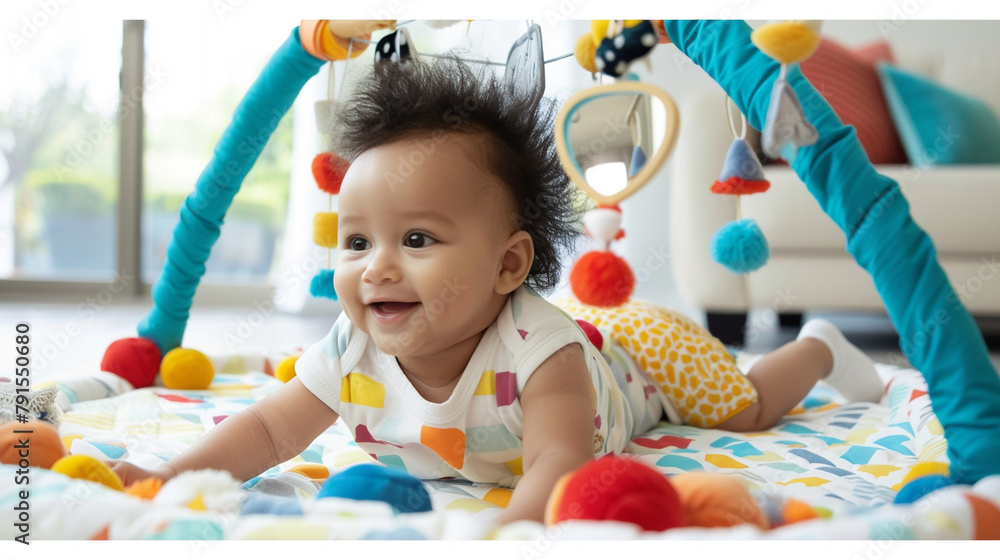 A plush activity gym featuring dangling toys mirrors and textures to ...