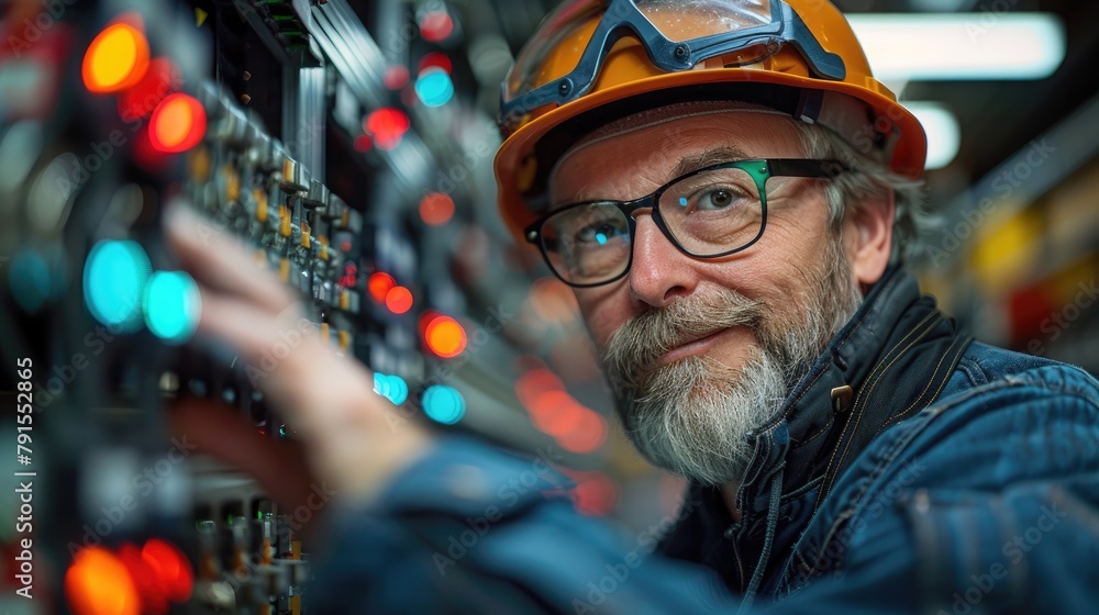Electrical engineer analyzing a power distribution panel with safety ...