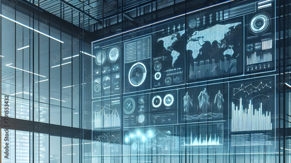 Transparent smart digital glass screen showing data info and statics in ...