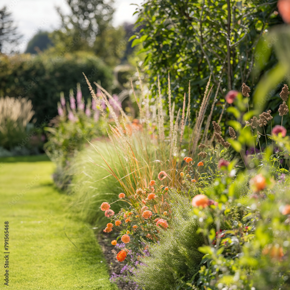 Natural style garden with mixed flower bed. Landscape design of summer ...