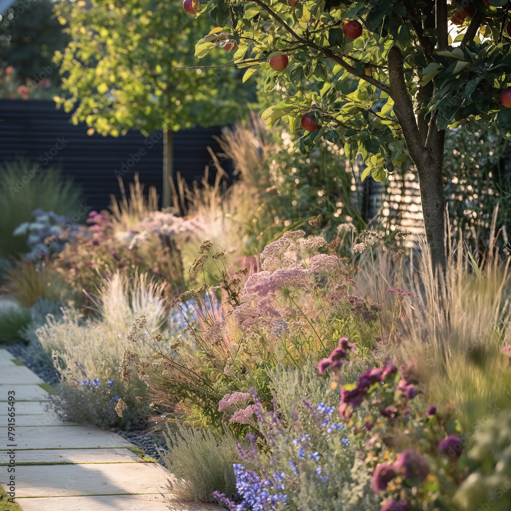 Natural style garden with mixed flower bed. Landscape design of summer ...