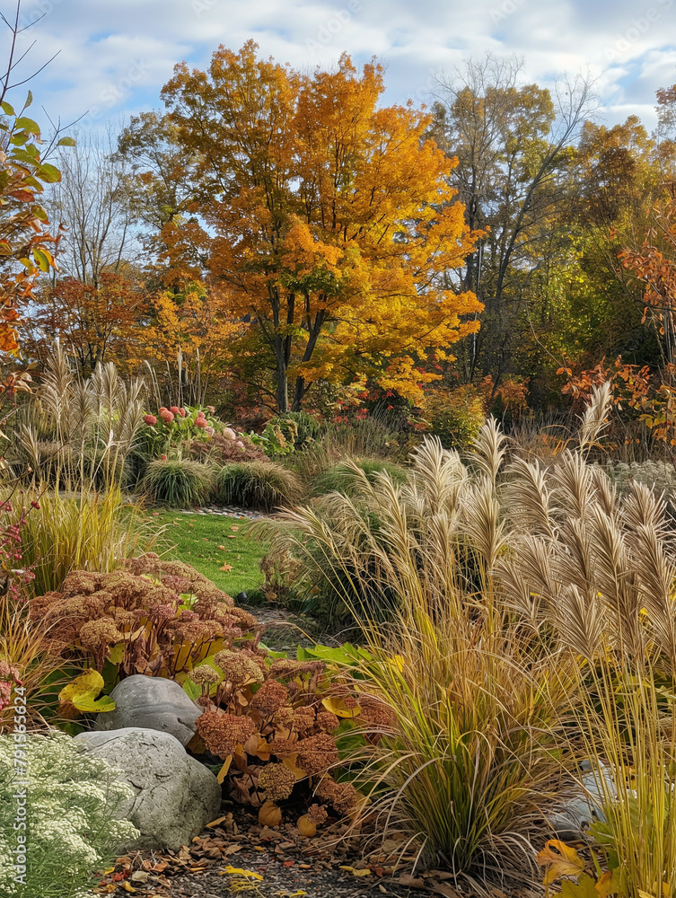 Organic, rustic and naturalistic garden design with trees, ornamental ...