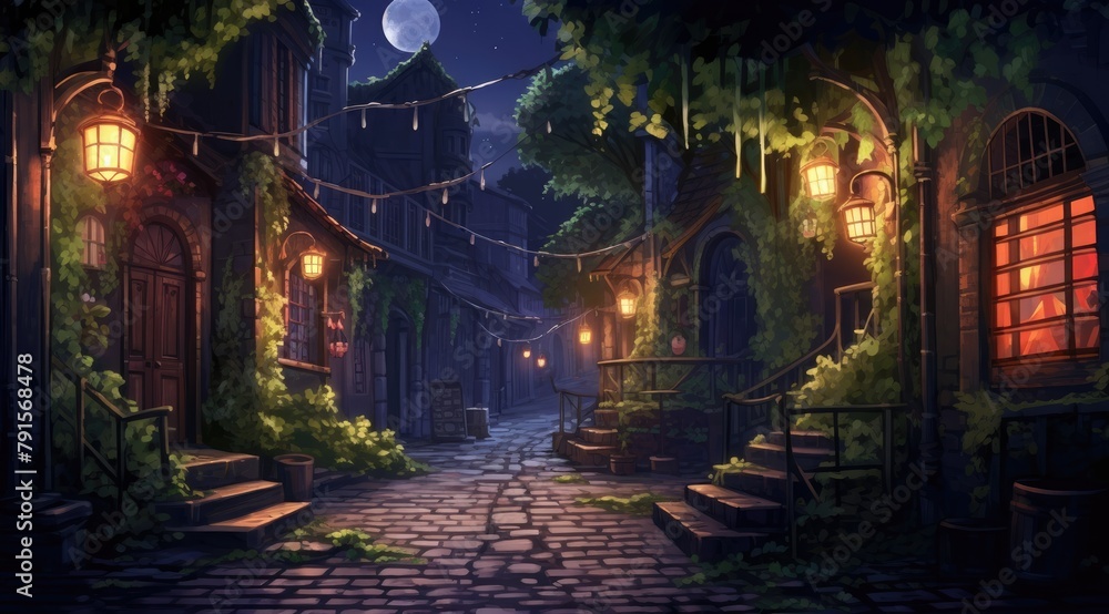 Enchanted night alley with lanterns and moonlight, casting a warm ...