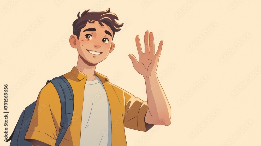 An animated young man with a friendly smile enthusiastically greets ...