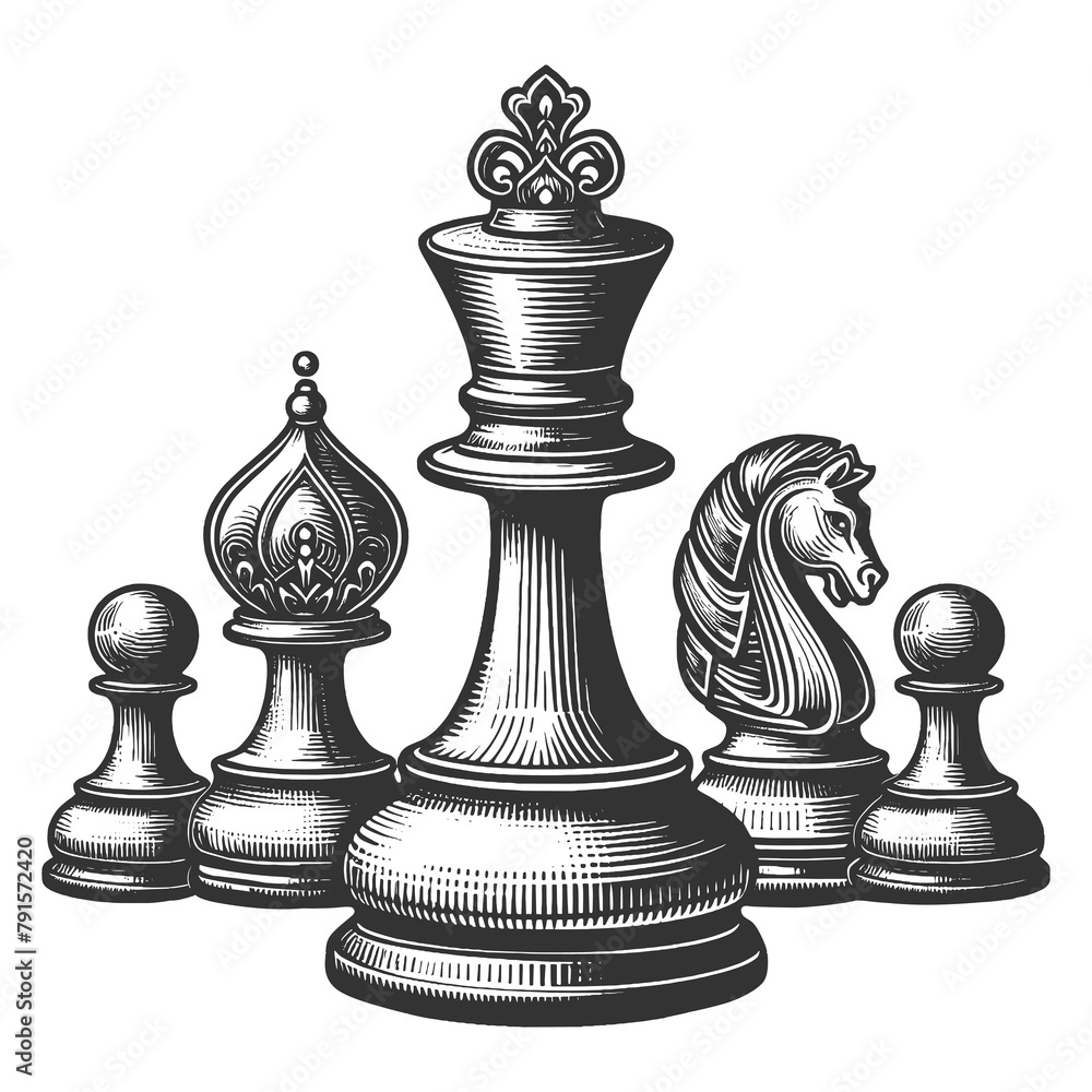 set of chess pieces including the king, queen, bishop, knight, and ...