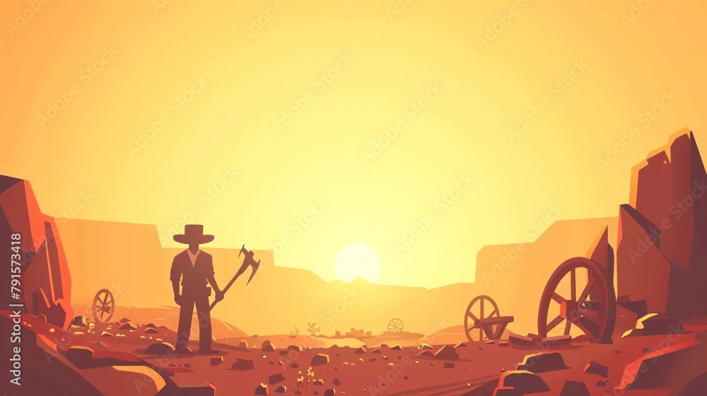 old Western gold mine, miners with pickaxes, dusty landscape, vintage ...