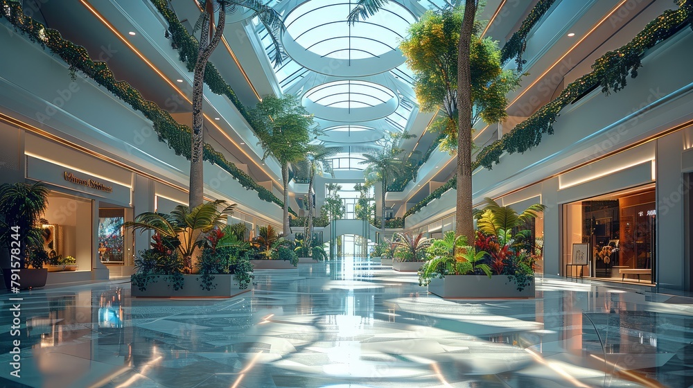 Big inner space, shopping mall, modern style architecture, glass atrium ...
