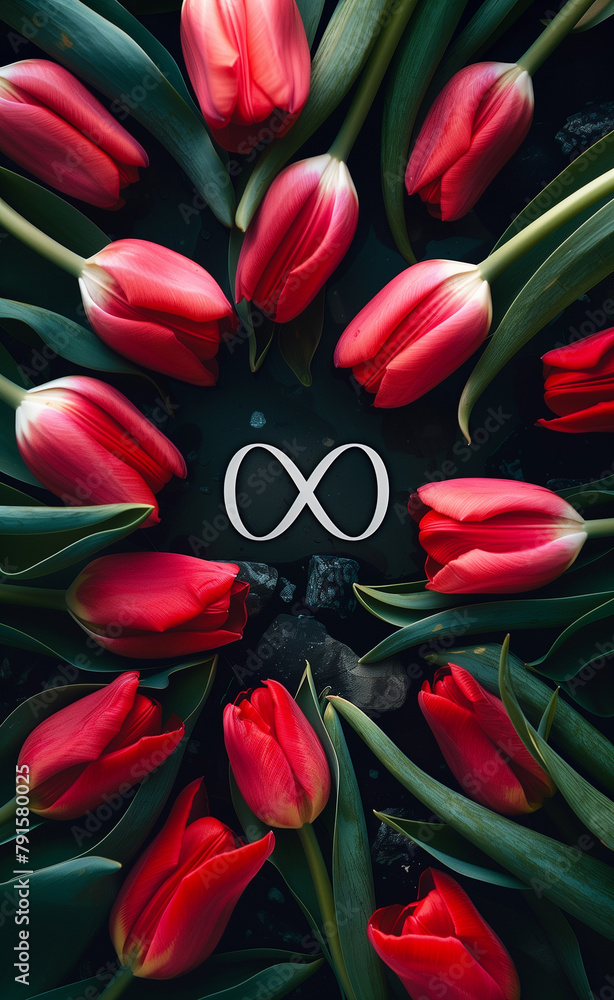 Red tulips with the infinity sign.Minimal creative nature and business ...