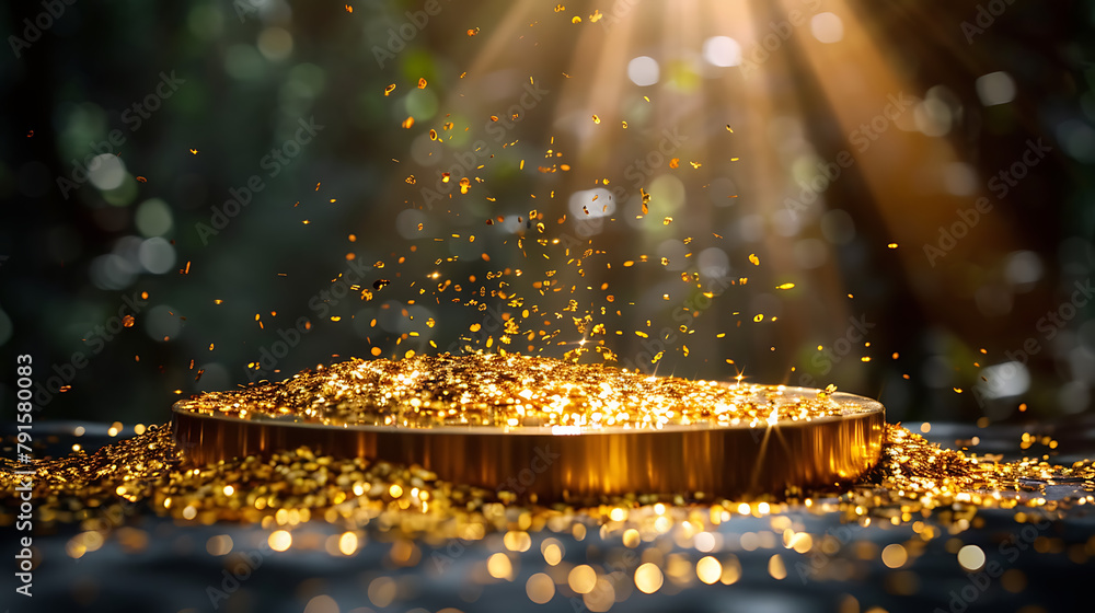 Golden light shining on a circular podium with gold glitter sprinkles ...