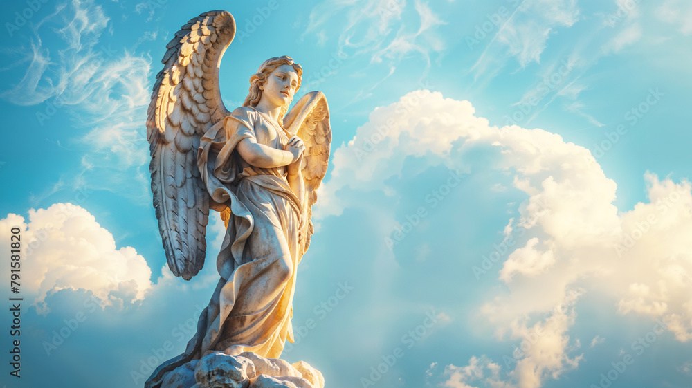 Heavenly angel statue praying on sky and clouds background, archangel ...