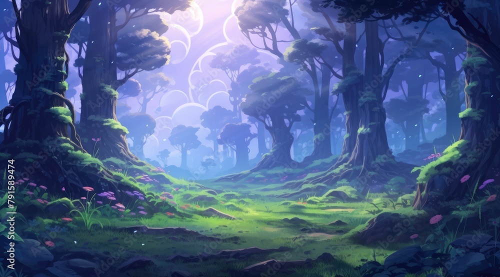 Celestial nexus grove with twilight hues and starry sky, framing a ...