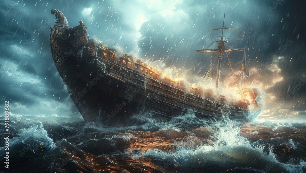 Stormy Seas: Noah's Ark Floating Amidst Turbulent Waters. Biblical Artistic Interpretation Stock ...