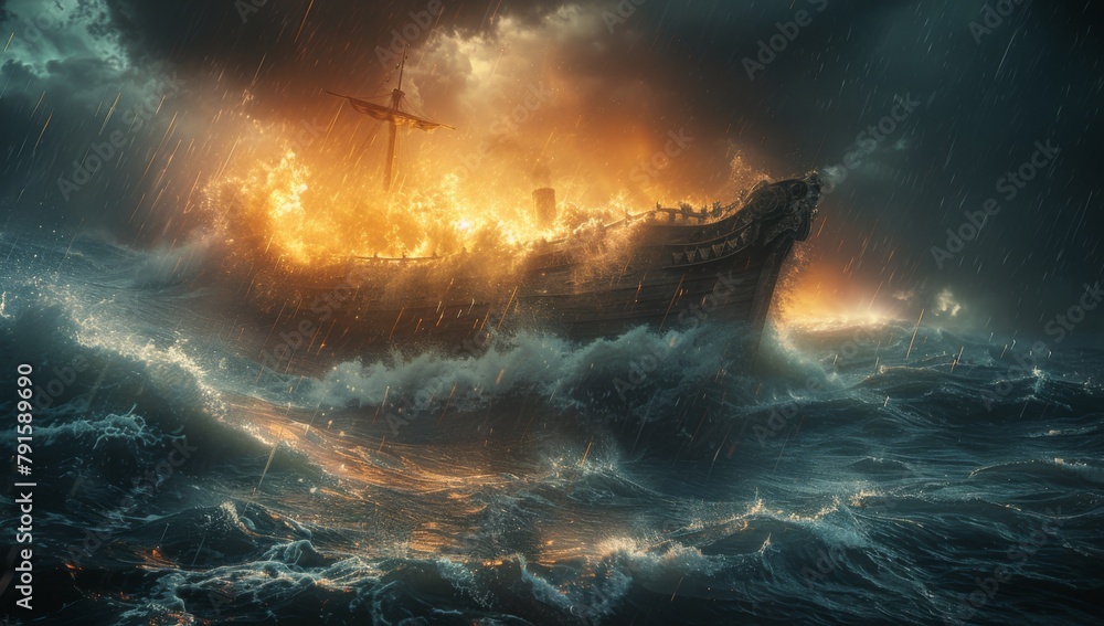 Stormy Seas: Noah's Ark Floating Amidst Turbulent Waters. Biblical Artistic Interpretation Stock ...