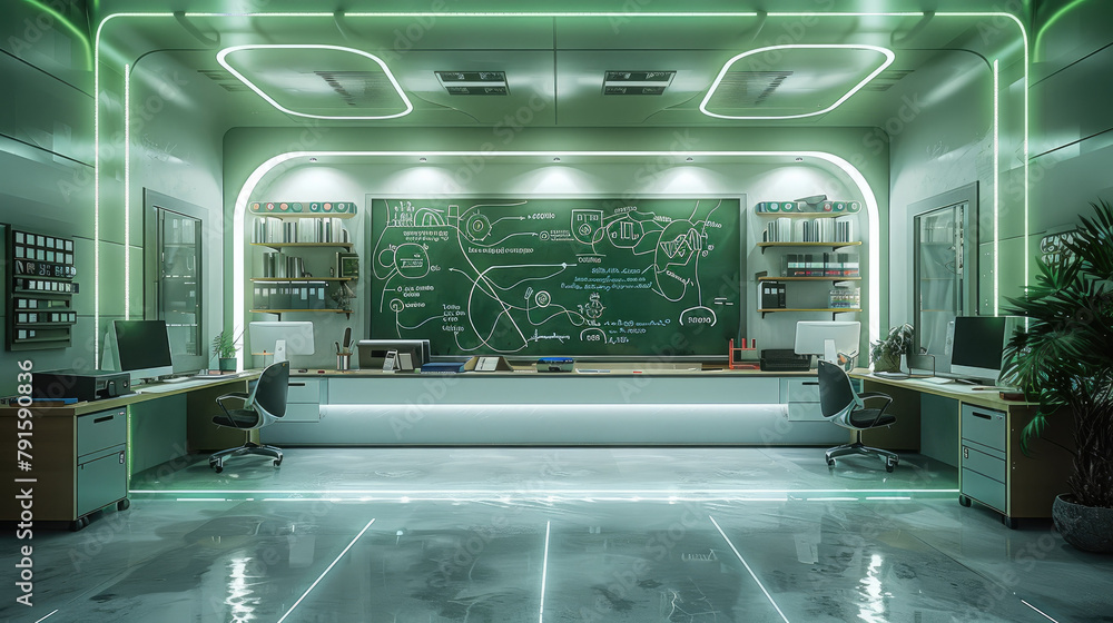 Workshop, science lab, blackboard, white and green style, chair and ...