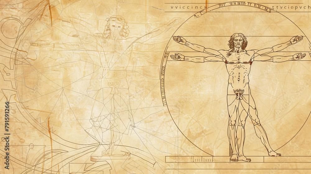 Sketch of Leonardo da Vinci's Vitruvian man and engineering drawings ...