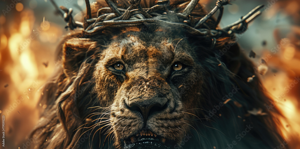 Ferocious roaring warrior lion king with a crown of thorns. Generative AI. Stock Photo | Adobe Stock
