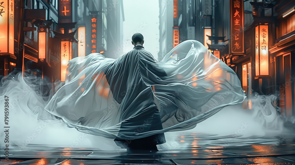 A Japanese monk dancing together with a big sheet. The wind moves the ...