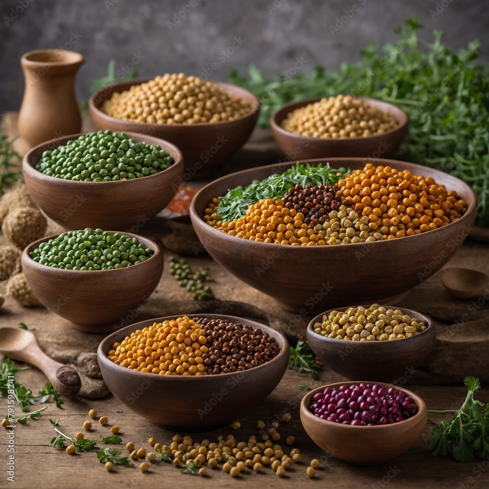 Various types of legumes displayed in wooden bowls on rustic table ...