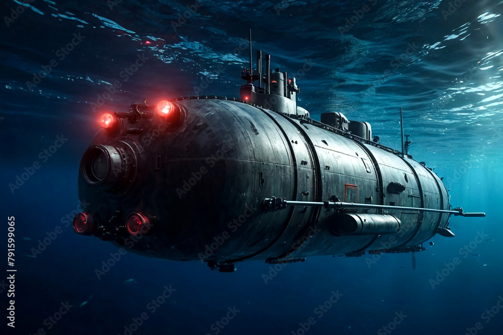 Military submarine with red lights sailing deep underwater. Submarine ...