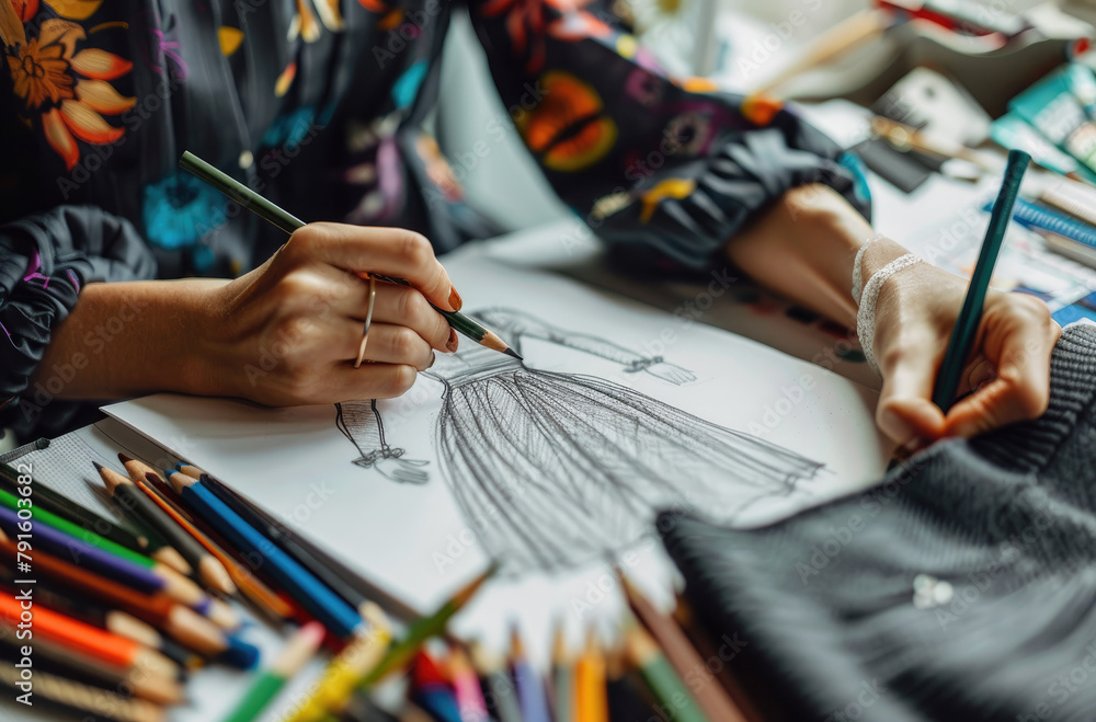 A fashion designer is sketching an elegant outfit on paper, using ...